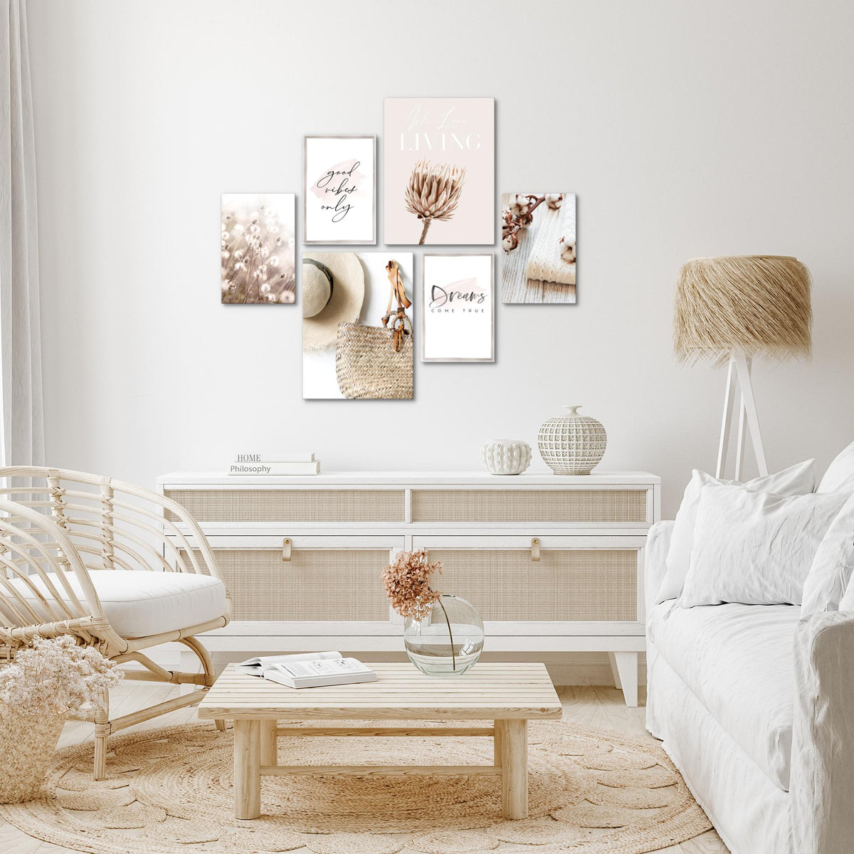 Bilder Set Wohnzimmer Boho Pampasgras AUFHÄNGFERTIG 6 Wandbilder – Runa Art